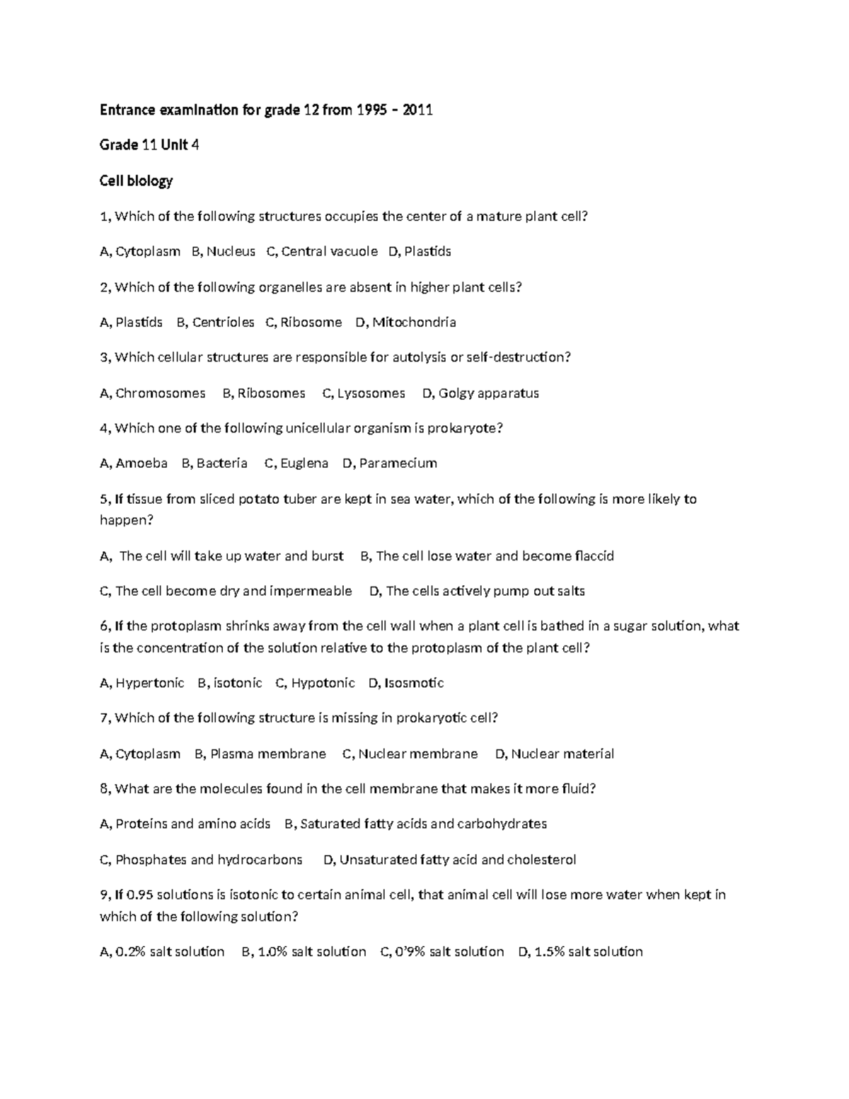 Cells - Entrance examination for grade 12 from 1995 – 2011 Grade 11 ...