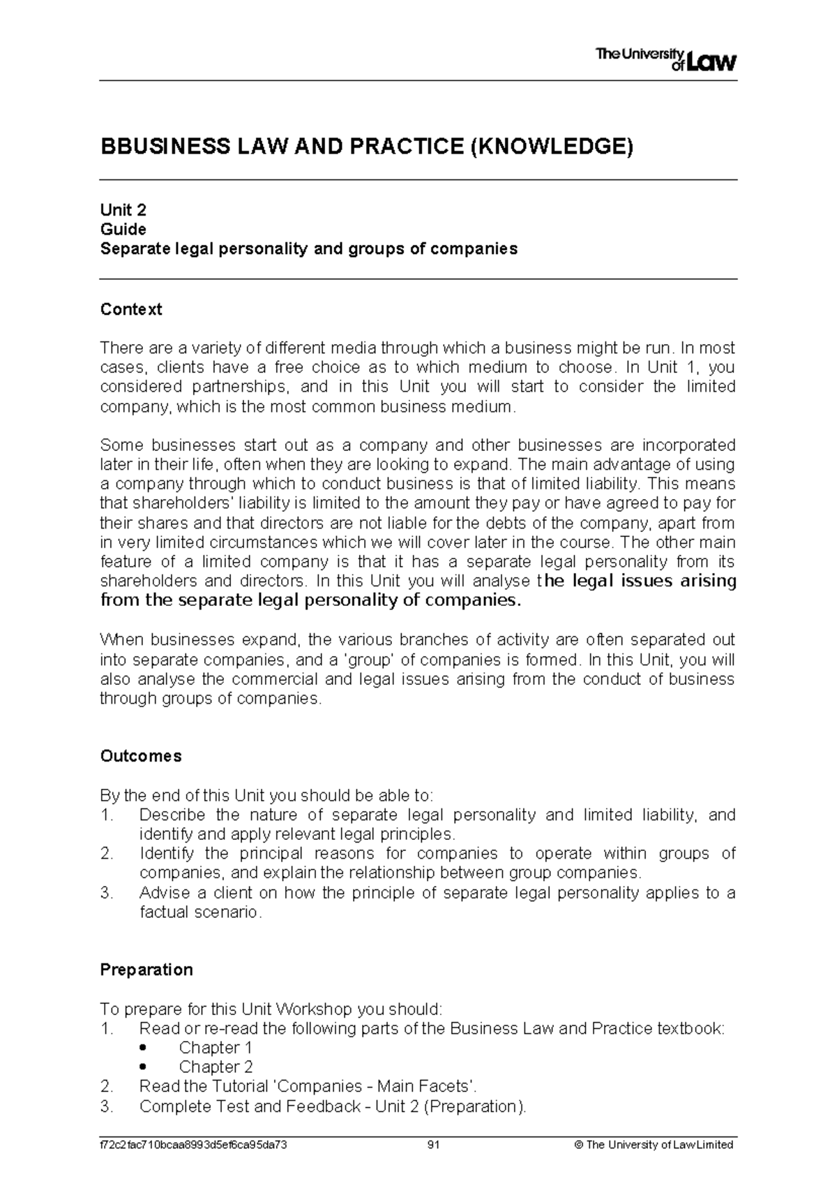 Business Law and Practice Unit 2: Workshop on Legal Personality and ...