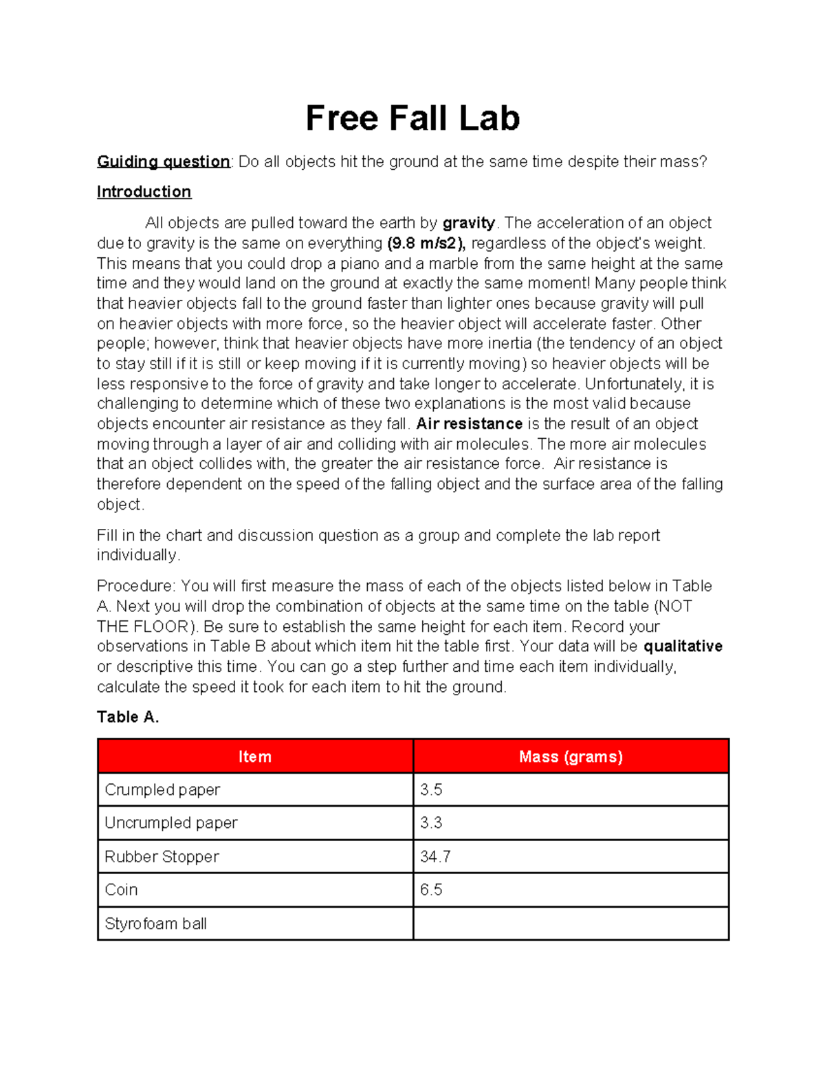 Free Fall Lab Report - Physics 101: Investigating Gravity Effects - Studocu