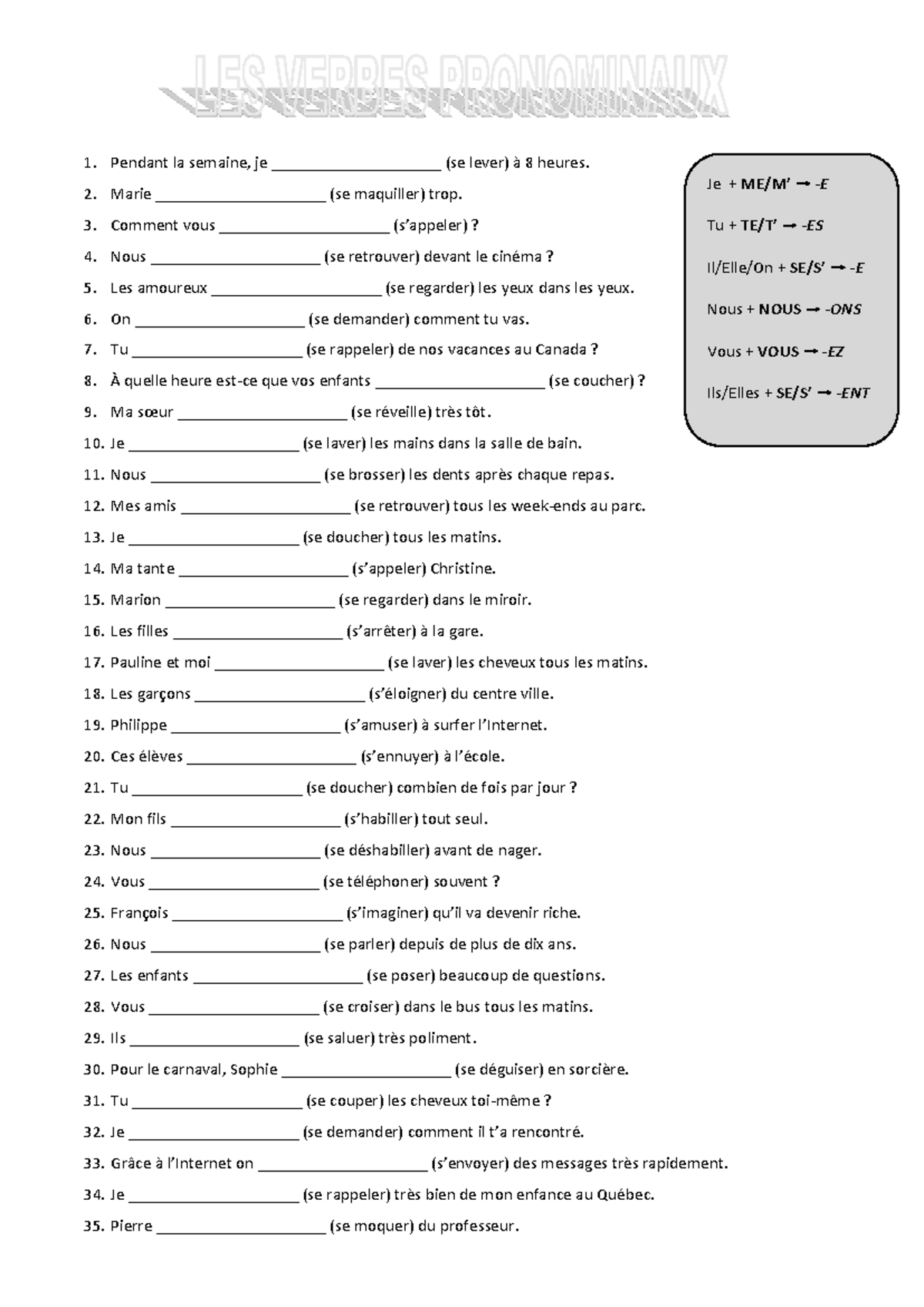 03 Exercice Grammatical : Les Verbes Pronominaux au Présent - Feuille d ...