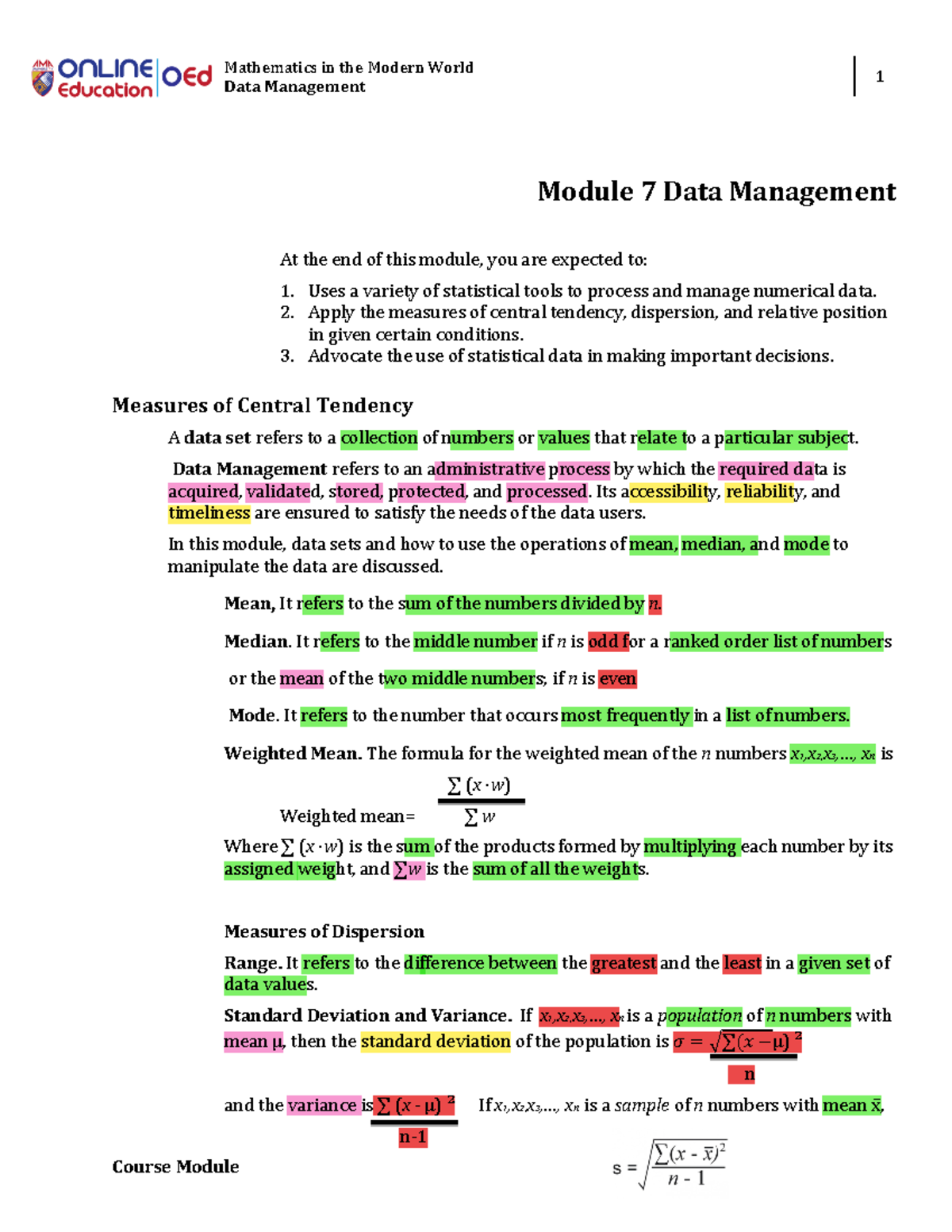 Module 7: Data Management in Mathematics (Statistical Tools & Techniques) - Studocu