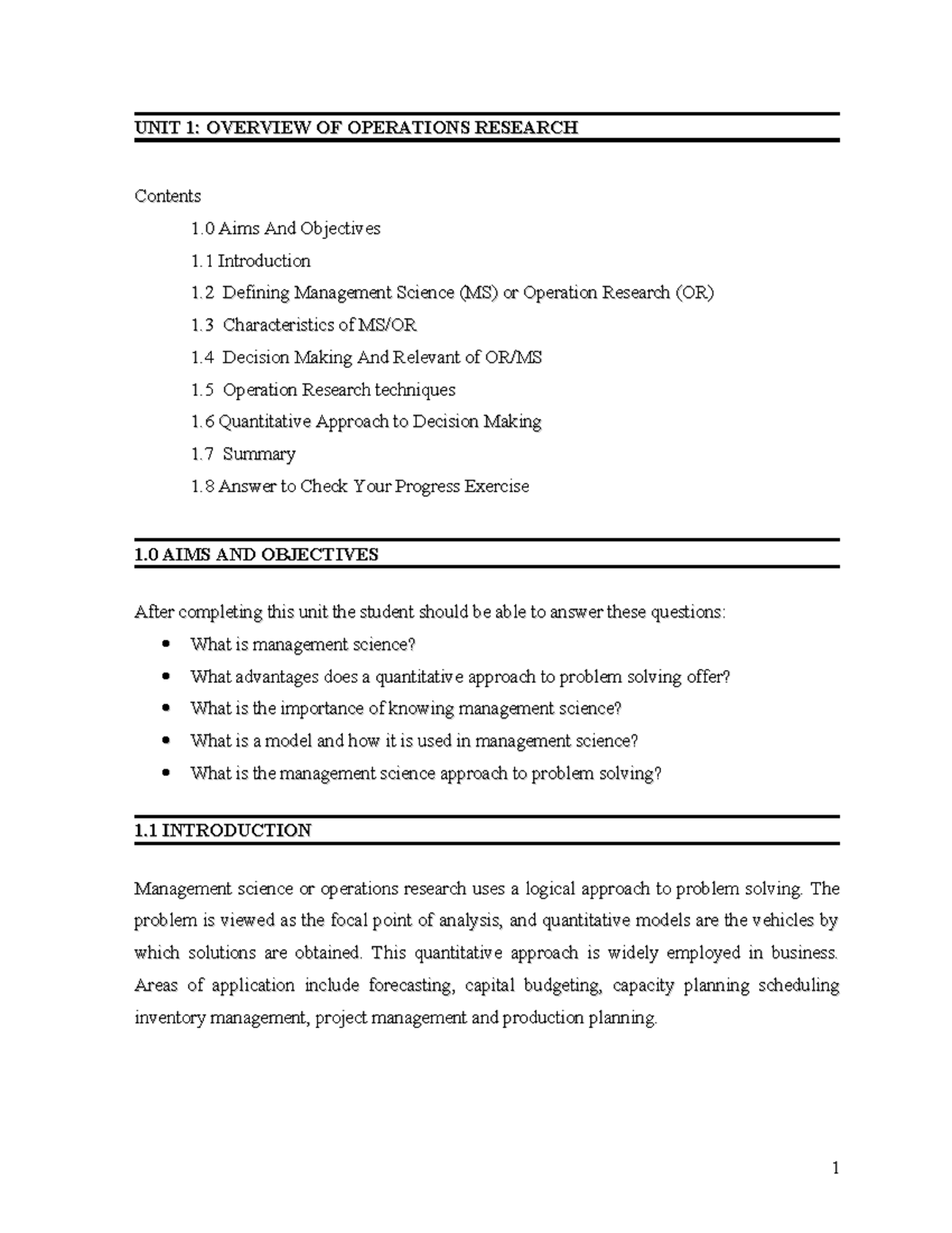 UNIT 1: INTRODUCTION TO OPERATIONS RESEARCH AND MANAGEMENT SCIENCE ...