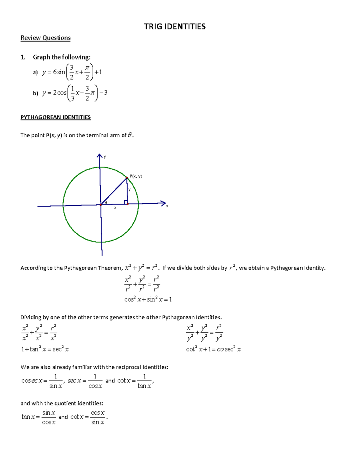 TRIG 101: Pythagorean Identities Review Questions - Studocu