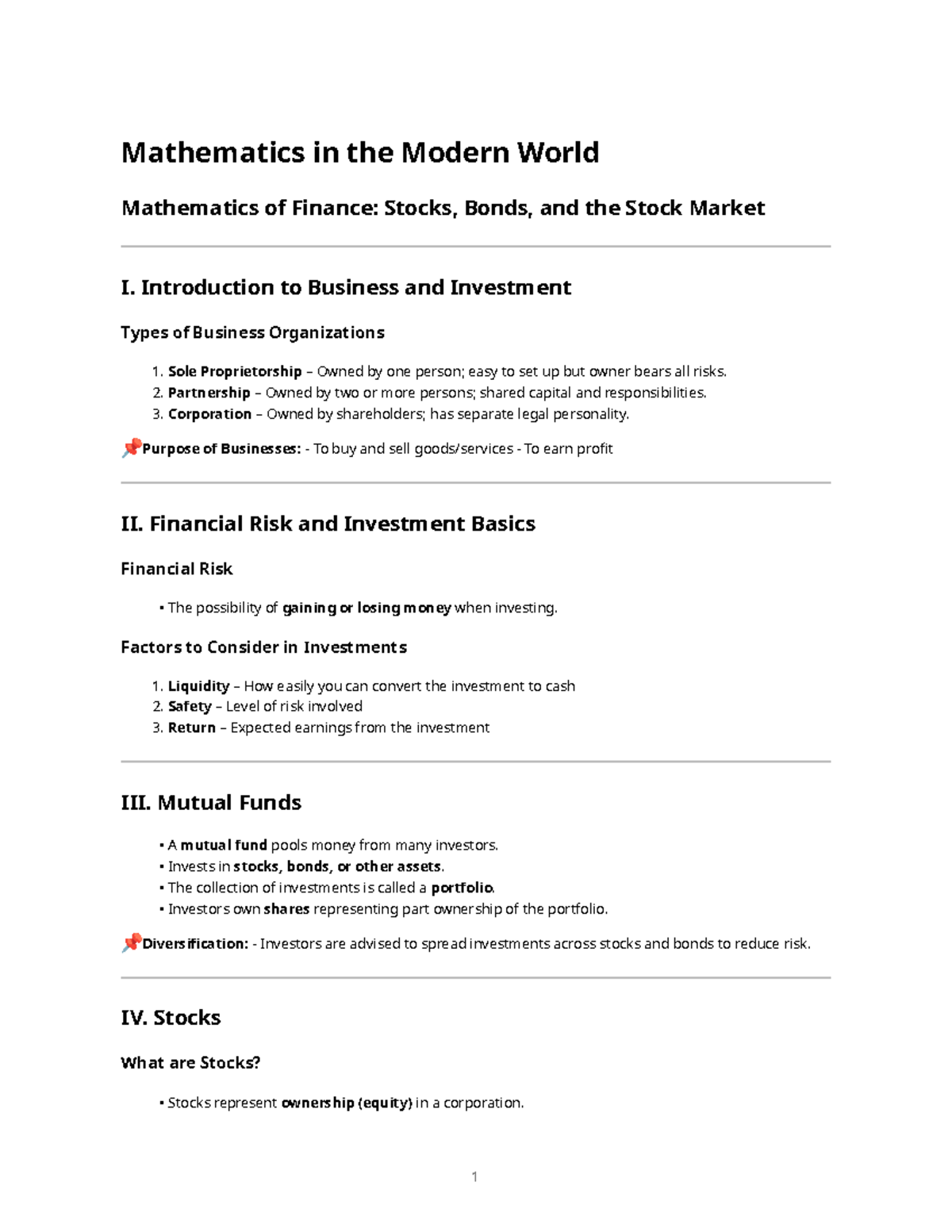 Detailed Reviewer: Mathematics of Finance (Stocks, Bonds, Stock Market ...