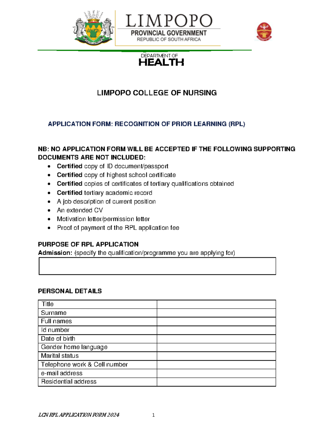 LCN RPL Application Form: Recognition of Prior Learning 2024 - Studocu