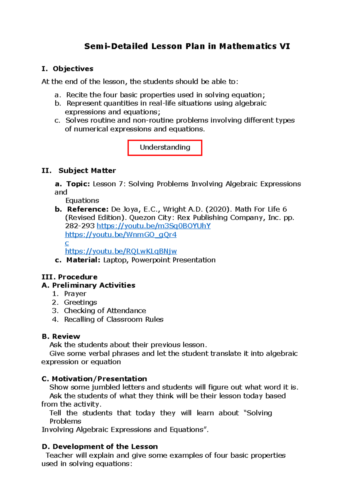 Semi-Detailed Lesson Plan: Math VI - Solving Algebraic Problems - Studocu