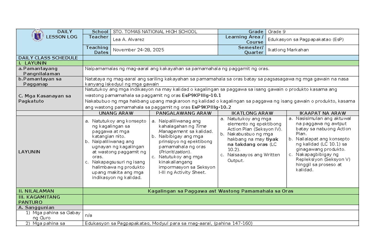 DLL for Grade 9 EsP: Time Management & Quality in Work - Studocu