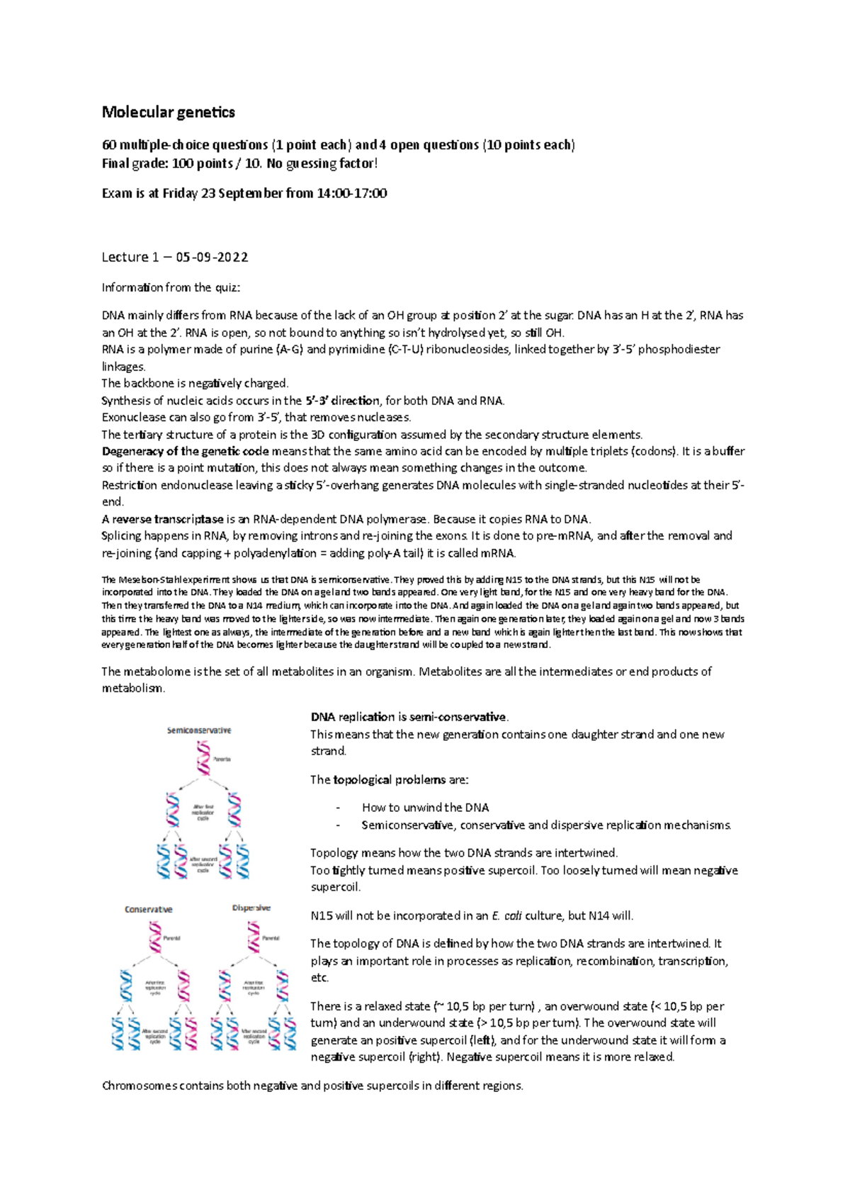 Summary lectures - Molecular genetics 60 multiple-choice questions (1 ...