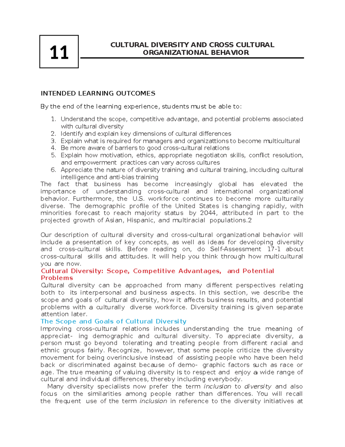 Cultural Diversity & Cross-Cultural Org Behavior: Learning Outcomes ...