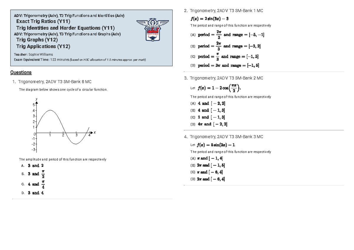 Trigonometry 2ADV T3 - Comprehensive Study Notes and HSC Prep - Studocu