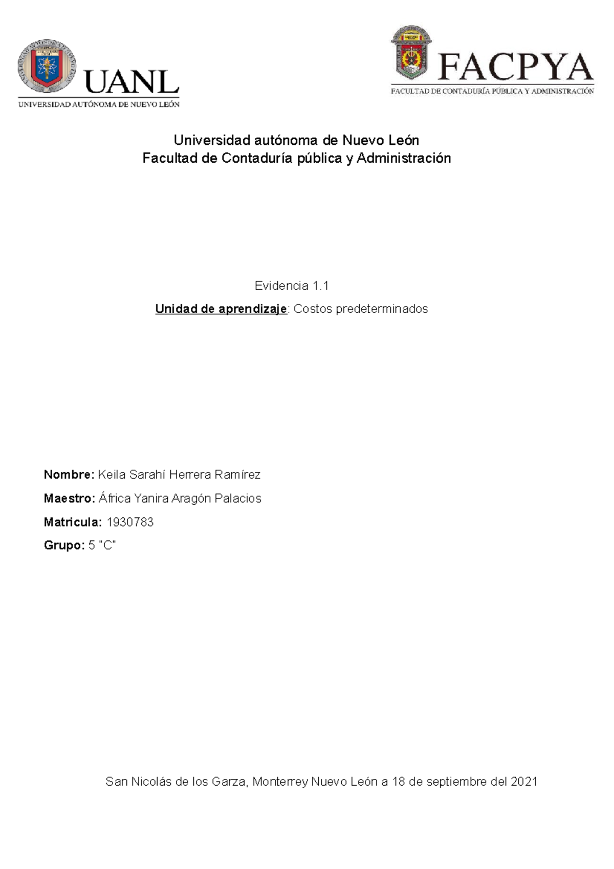 Resumen de costos predeterminados y descripción de costos - Evidencia 1. Unidad de aprendizaje ...