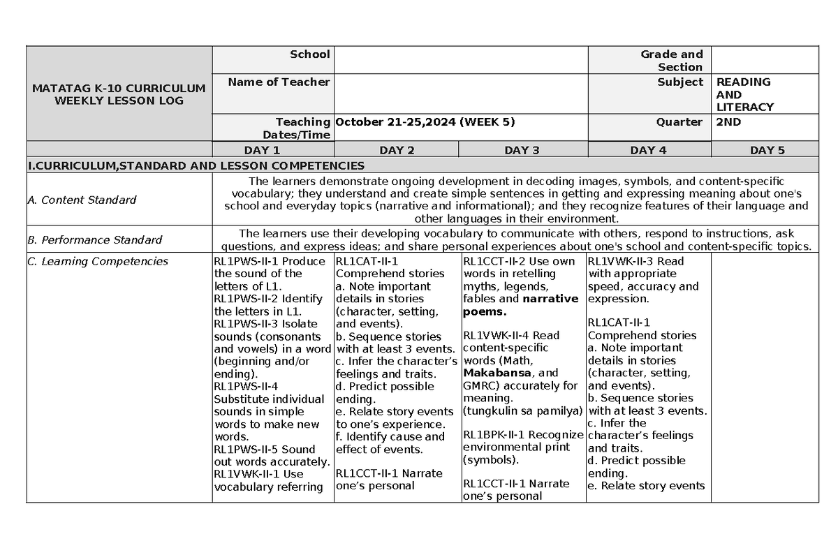DONE-READ-LIT Q2week5 - MATATAG K-10 CURRICULUM WEEKLY LESSON LOG ...