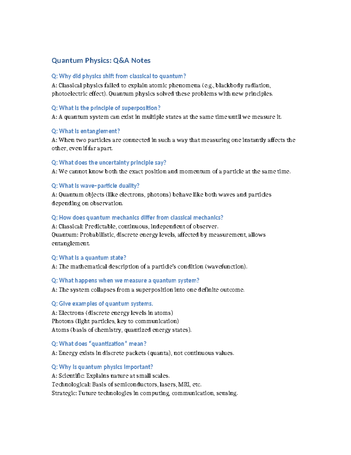 Unit I Short Answers: Quantum Physics Intro - Key Concepts - Studocu