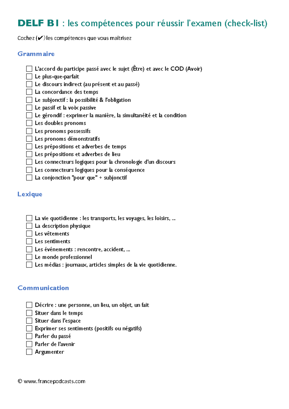 DELF B1 check list - © francepodcasts DELF B1 : les compétences pour ...