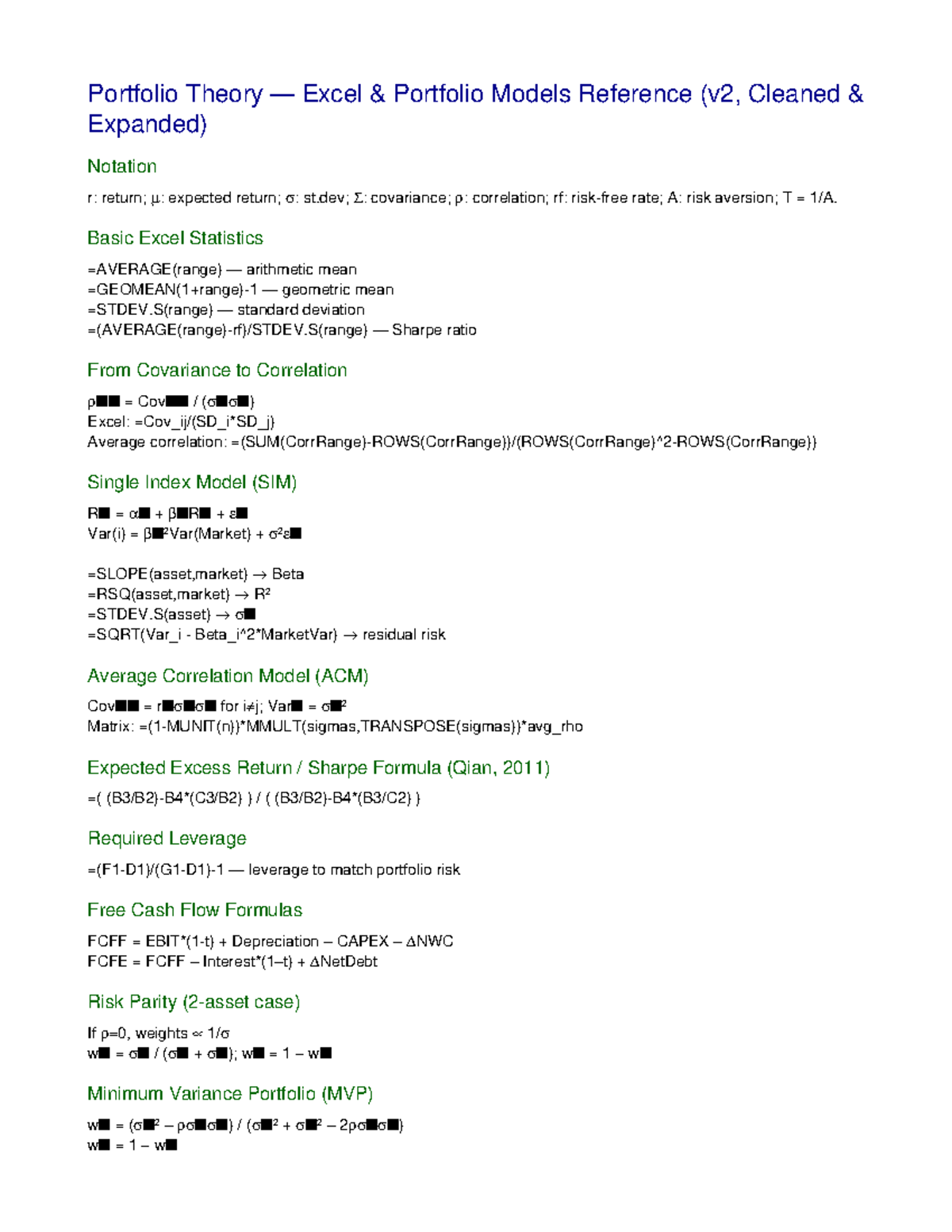 Portfolio Theory Excel Cheat Sheet v2: Key Models & Formulas - Studeersnel