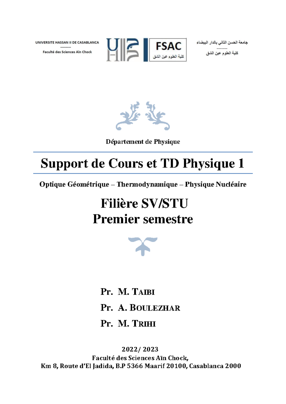 Poly Cours TD- SVTU-S1 2022- 23 - Département de Physique Support de ...