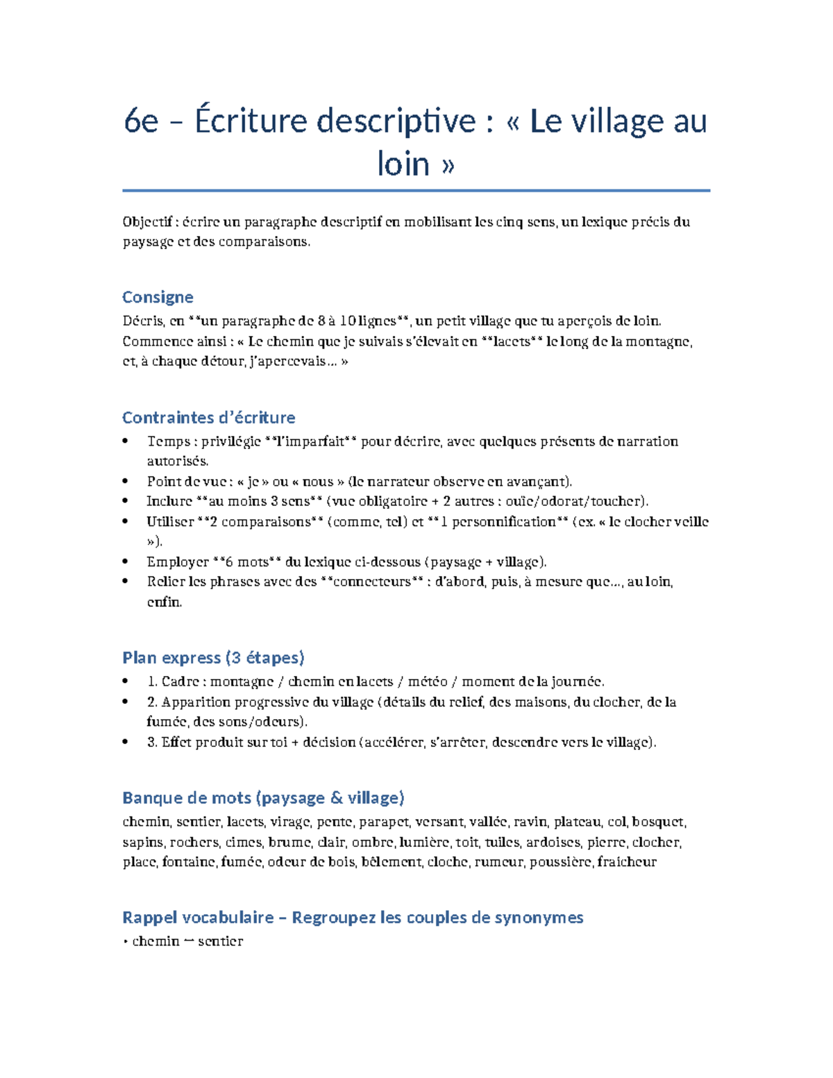 6e Écriture descriptive : Paragraphe sur le village au loin - Studocu