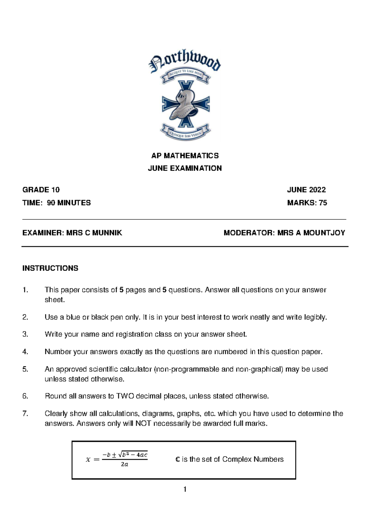 AP Mathematics Grade 10 June Exam 2022 - Past Paper - Studocu