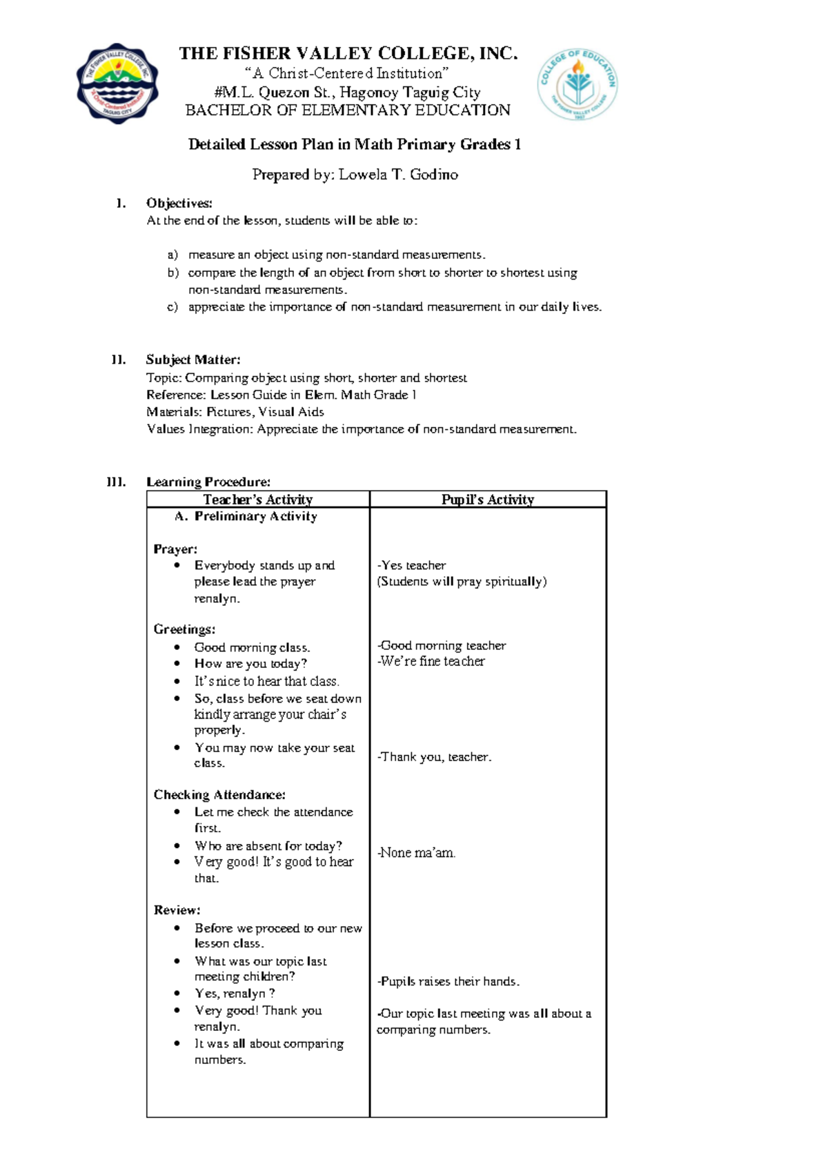 Detailed Lesson Plan in Math Primary Grades 11 - “A Christ-Centered ...