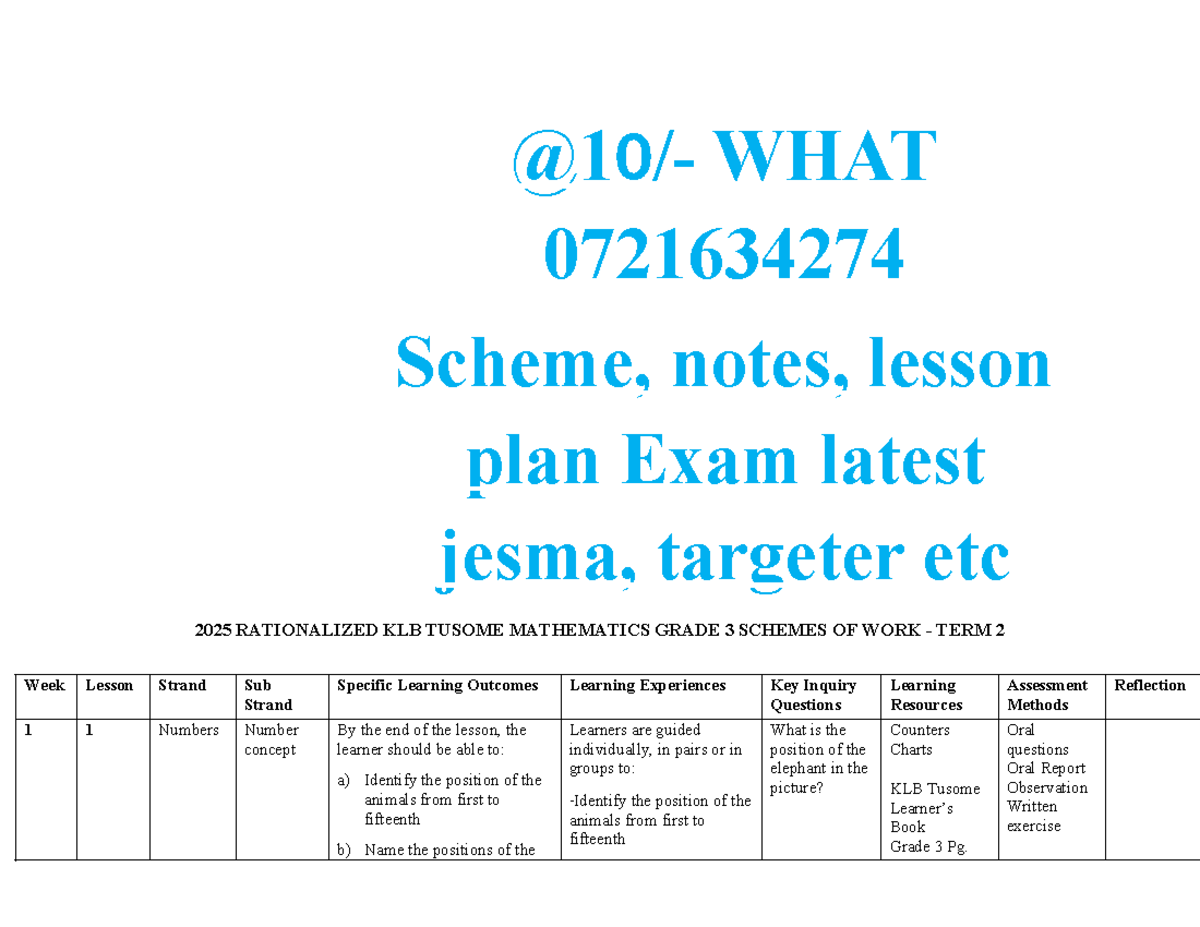 0721634274 - KLB Tusome Mathematics Grade 3 Term 2 Lesson Plans - Studocu