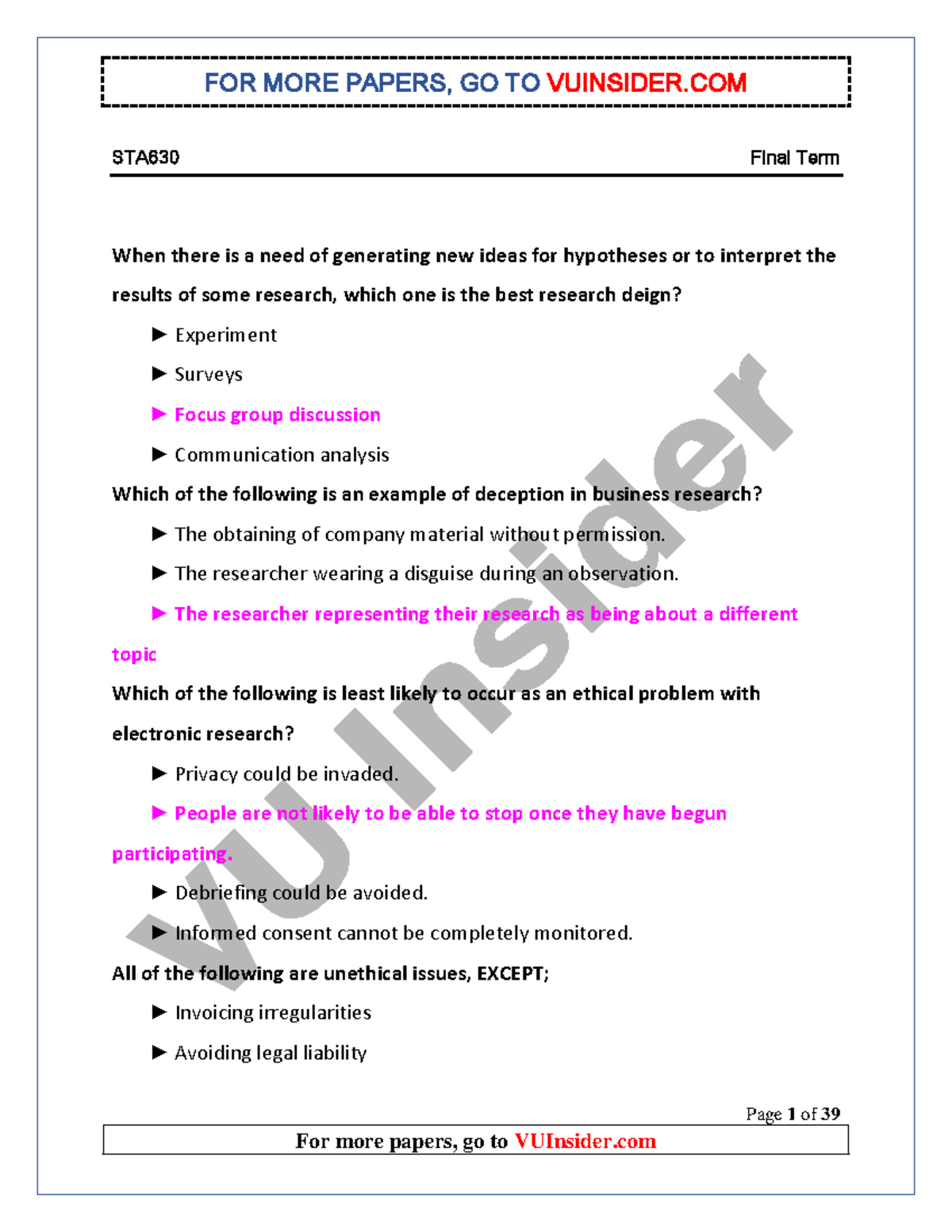 STA630 Final Term Past Papers Compilation and Study Guide - Studocu