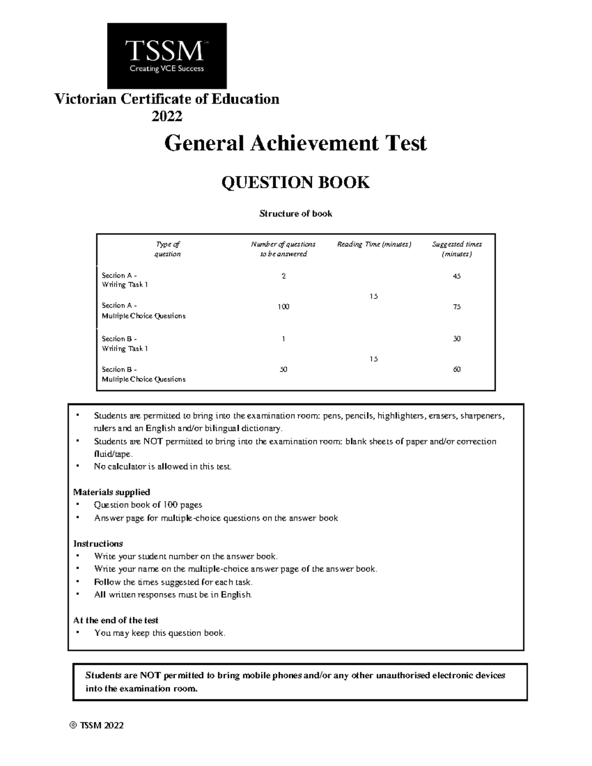 GAT 2022 Question Booklet - TSSM General Achievement Test Structure and ...