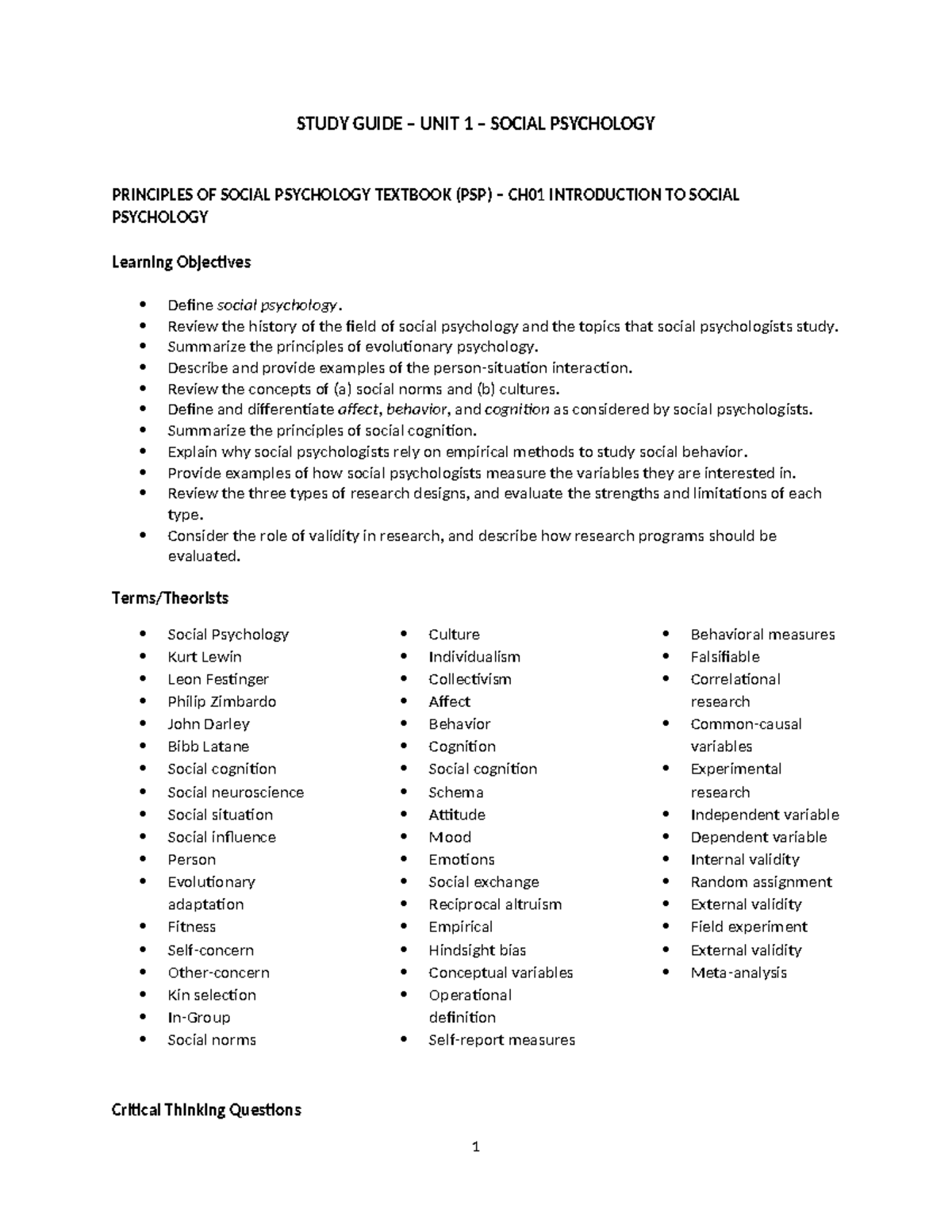 Study Guide: Unit 1 – Social Psychology (PSP) Concepts & Critical ...