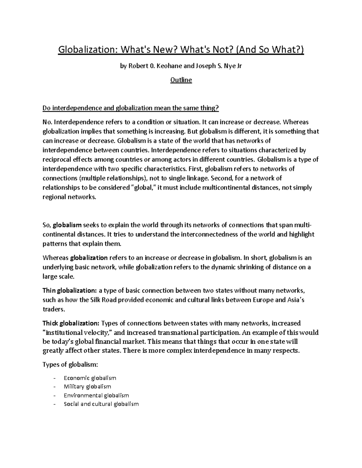 Poli 101: Outline of Globalization Concepts and Interdependence - Studocu