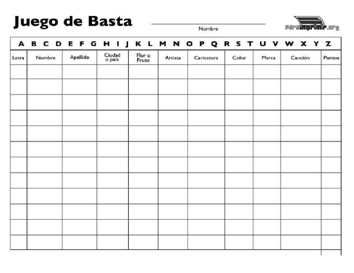 Formato PARA Jugar Basta - Producción de Textos Escritos - Juego de ...