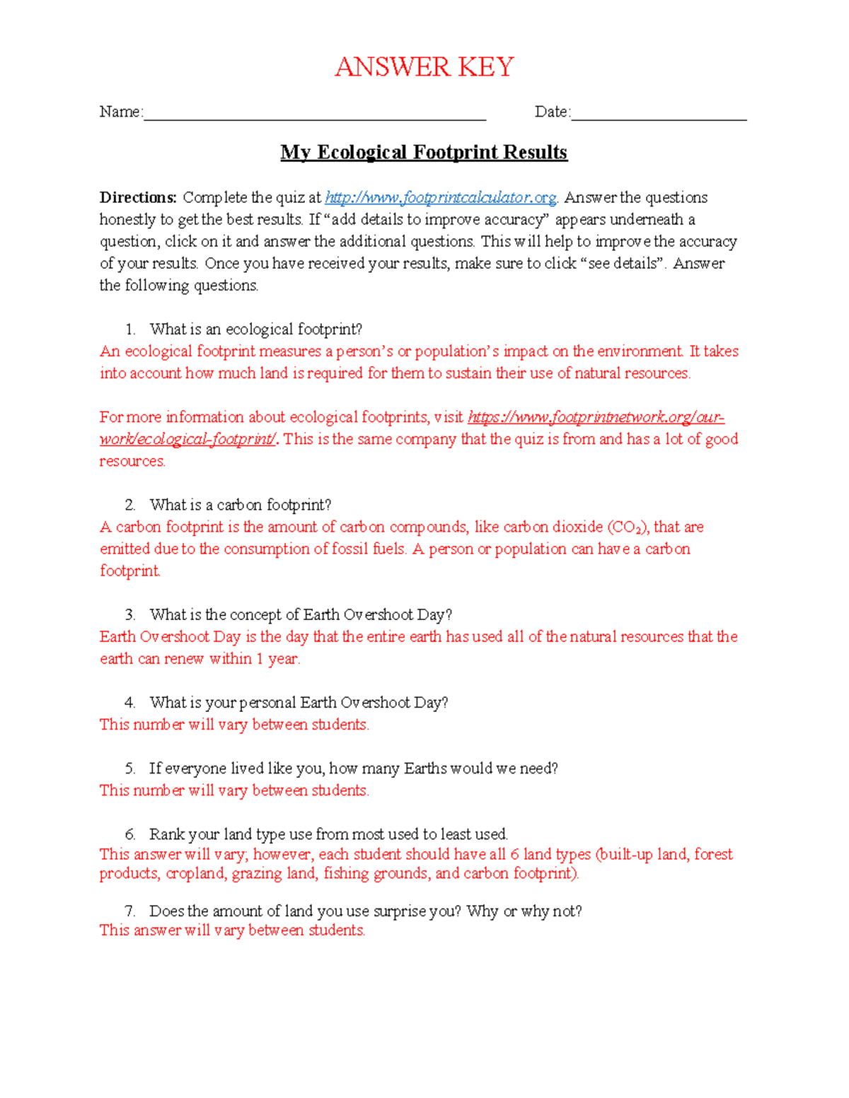 Ecological Footprint Activity Answer Key (Final Exam) - Studocu
