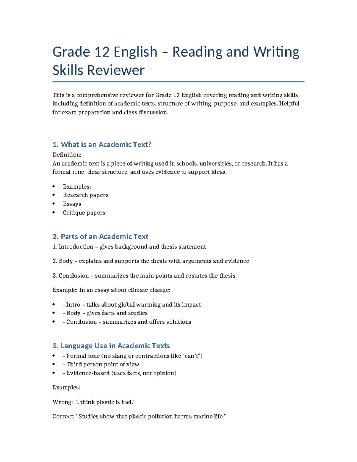 Grade 12 English Reading & Writing Skills Exam Reviewer - Studocu
