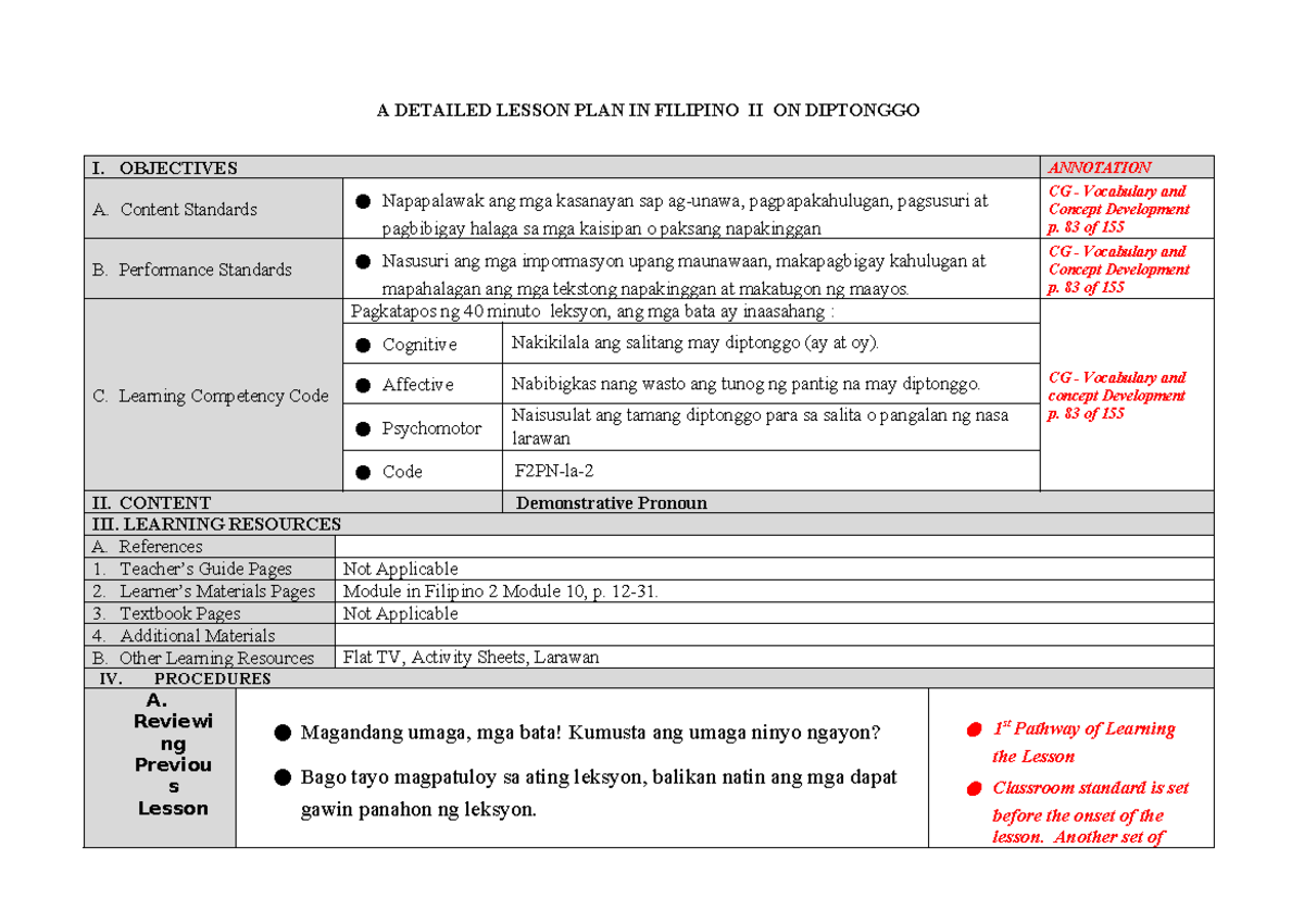 Detailed Lesson Plan in Filipino II: Diptonggo Concepts (SY 2022-2023 ...