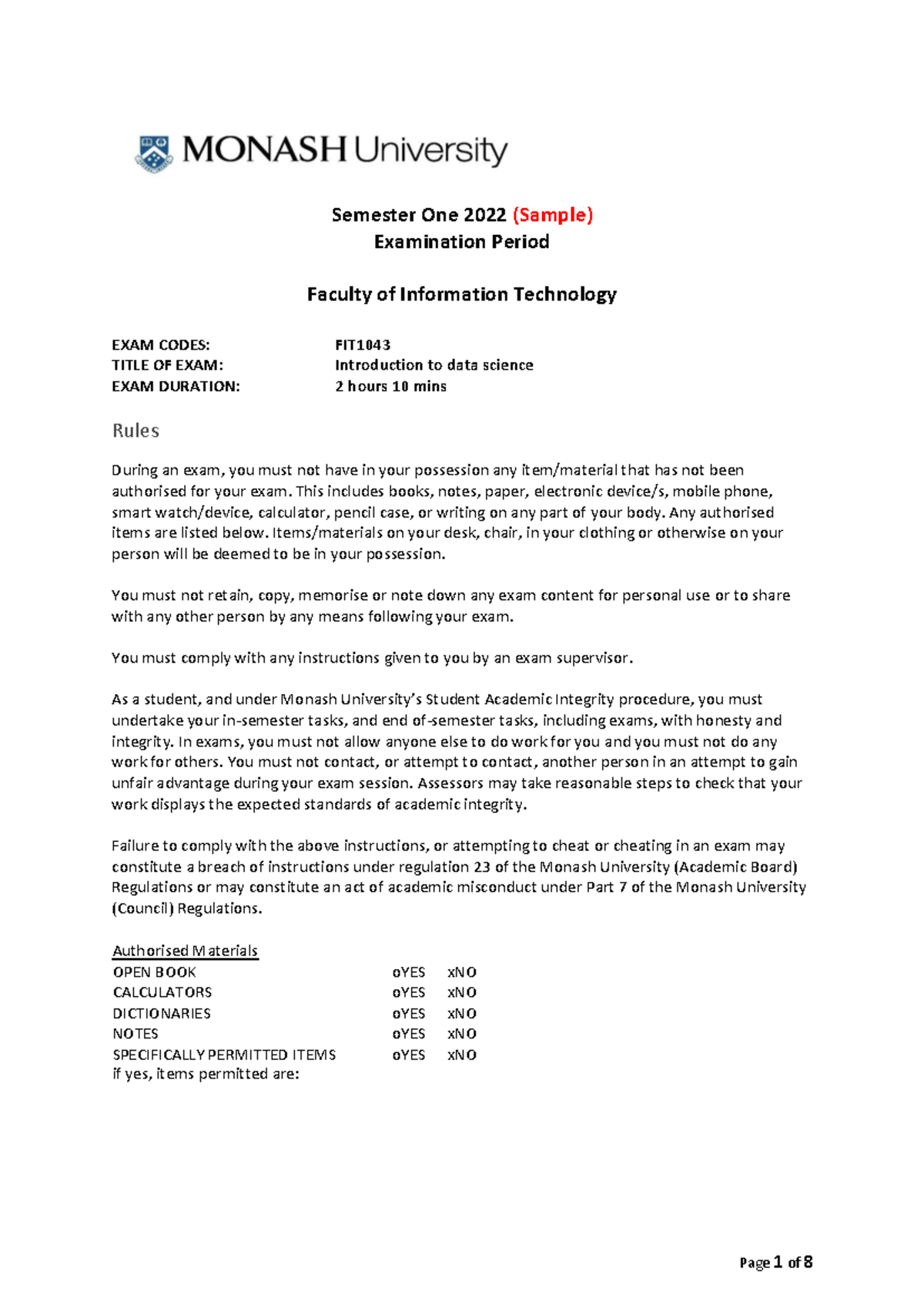 FIT1043 Sample Exam S1 2022: Intro to Data Science Guidelines and MCQs ...