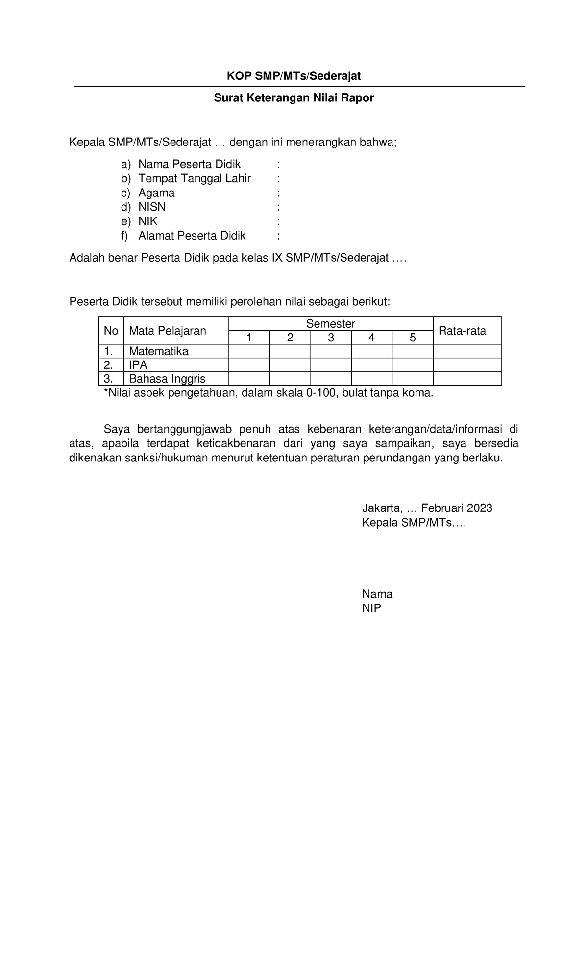Suket Rapor - Keterangan - KOP SMP/MTs/Sederajat Surat Keterangan Nilai ...