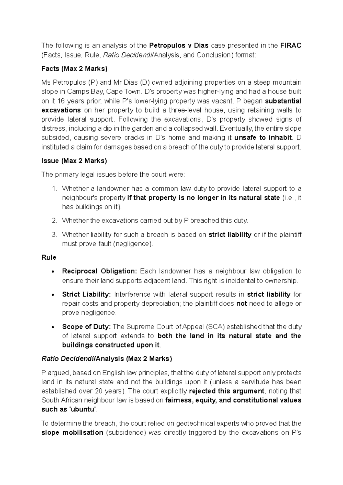 Summary of Petropulos v Dias Case Analysis (FIRAC Format) - Studocu