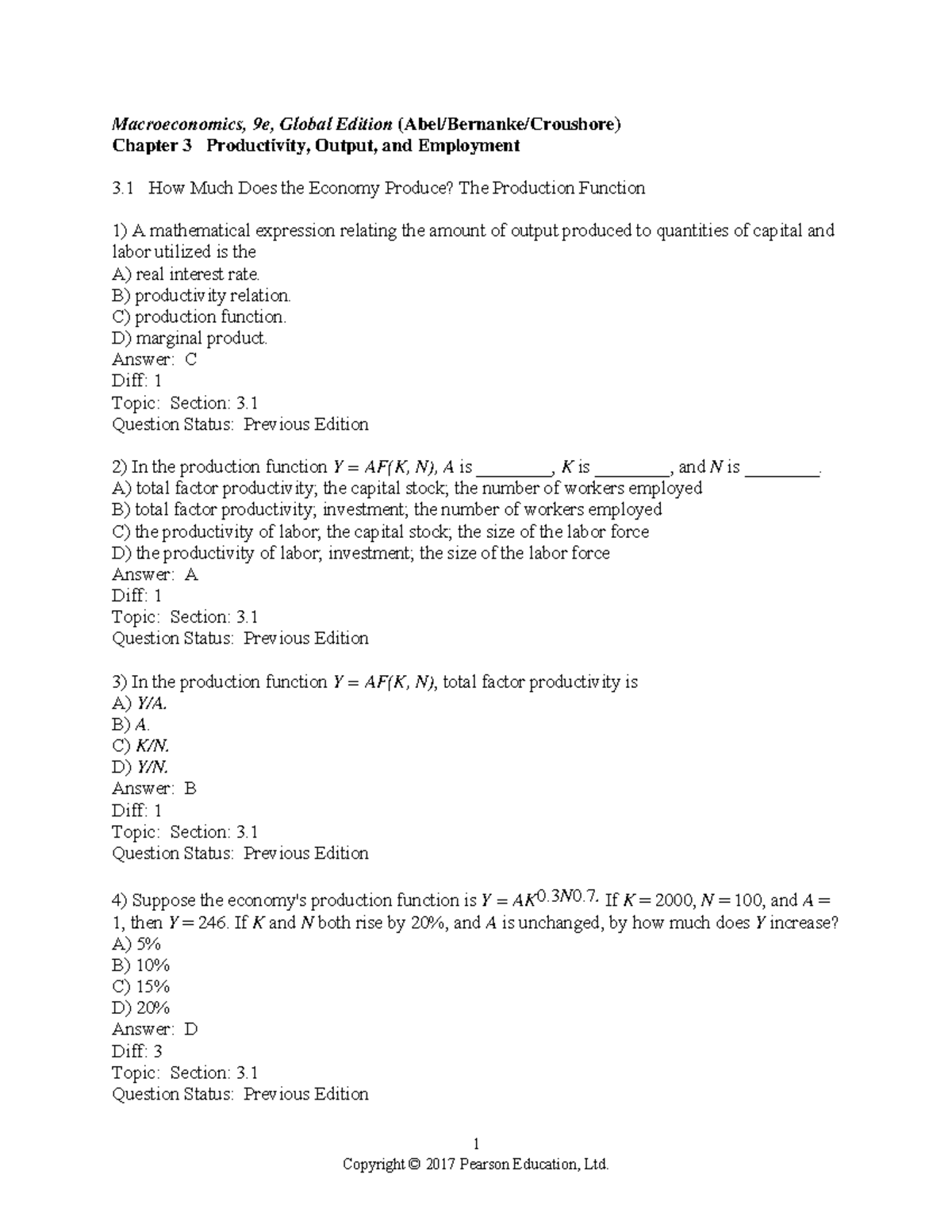 Chapter 3 - Macroeconomics Test Bank on Productivity & Labor - Studocu
