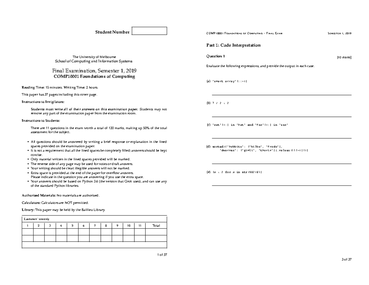 Final Examination, Semester 1, 2019 COMP10001 Foundations of Computing ...