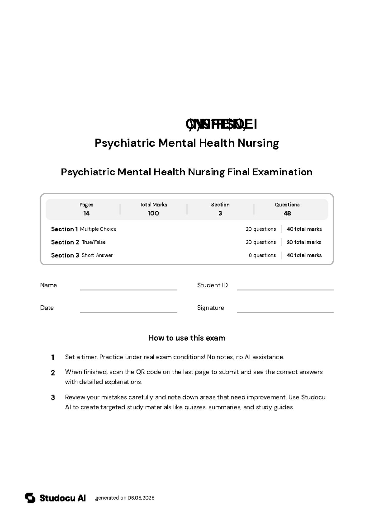 Psychiatric Mental Health Nursing Final Exam - Studocu