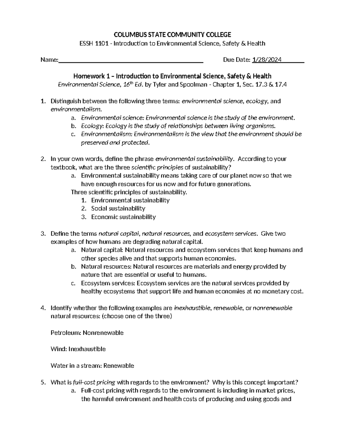 ESSH 1101 Homework 1: Intro to Environmental Science, 16th Ed. - Studocu