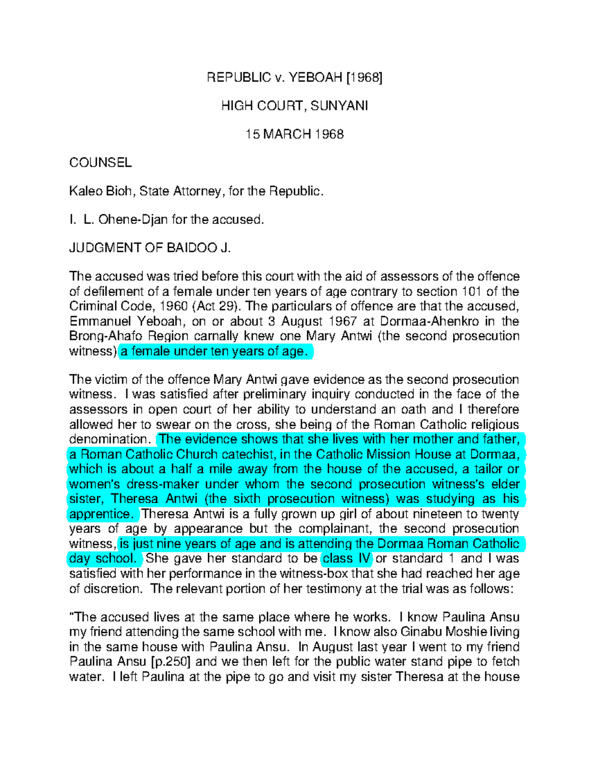 Republic v. Yeboah: Judgment on Defilement Case [1968] - Studocu