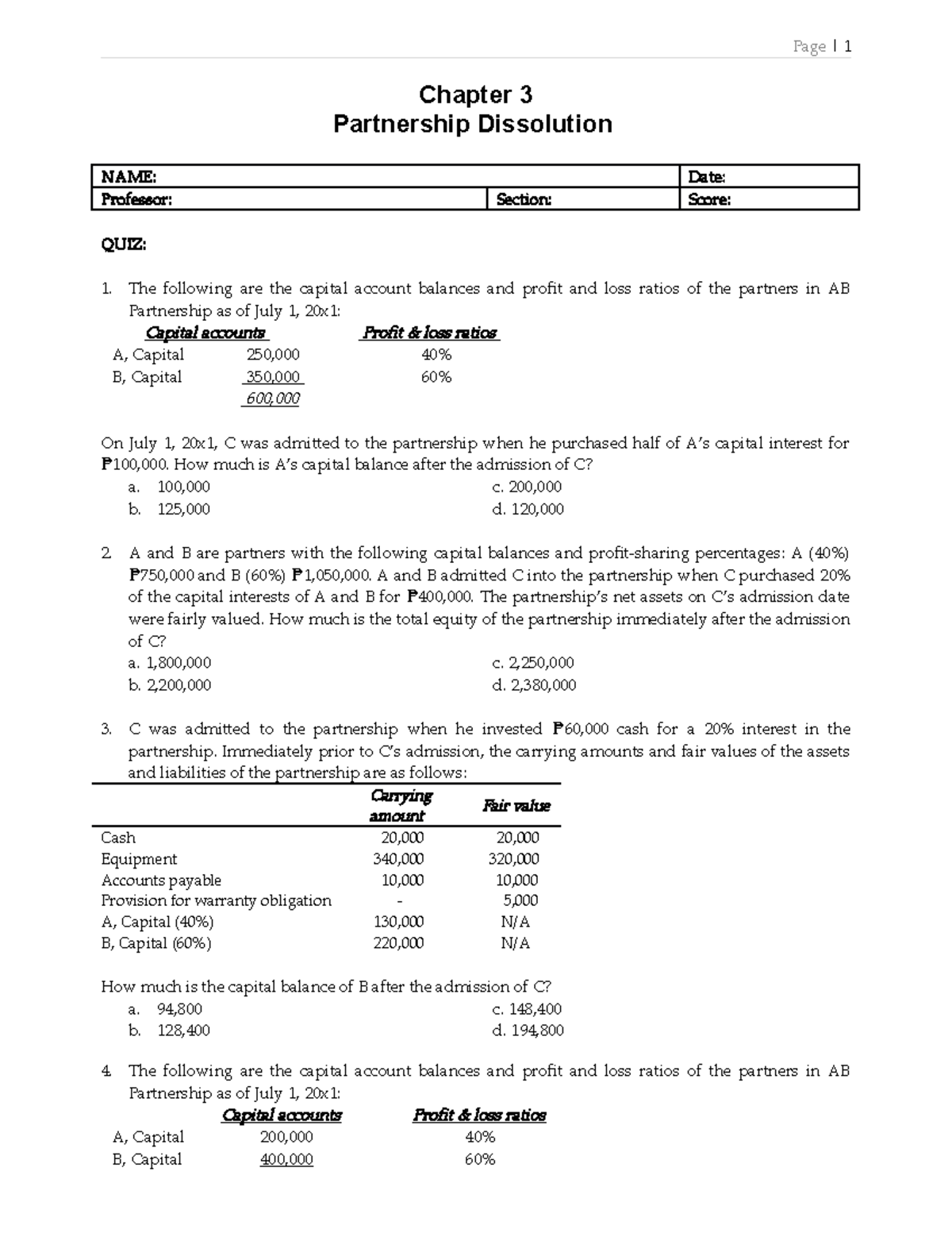 Partnership Dissolution - Chapter 3 Quiz Solutions (ACC 201) - Studocu