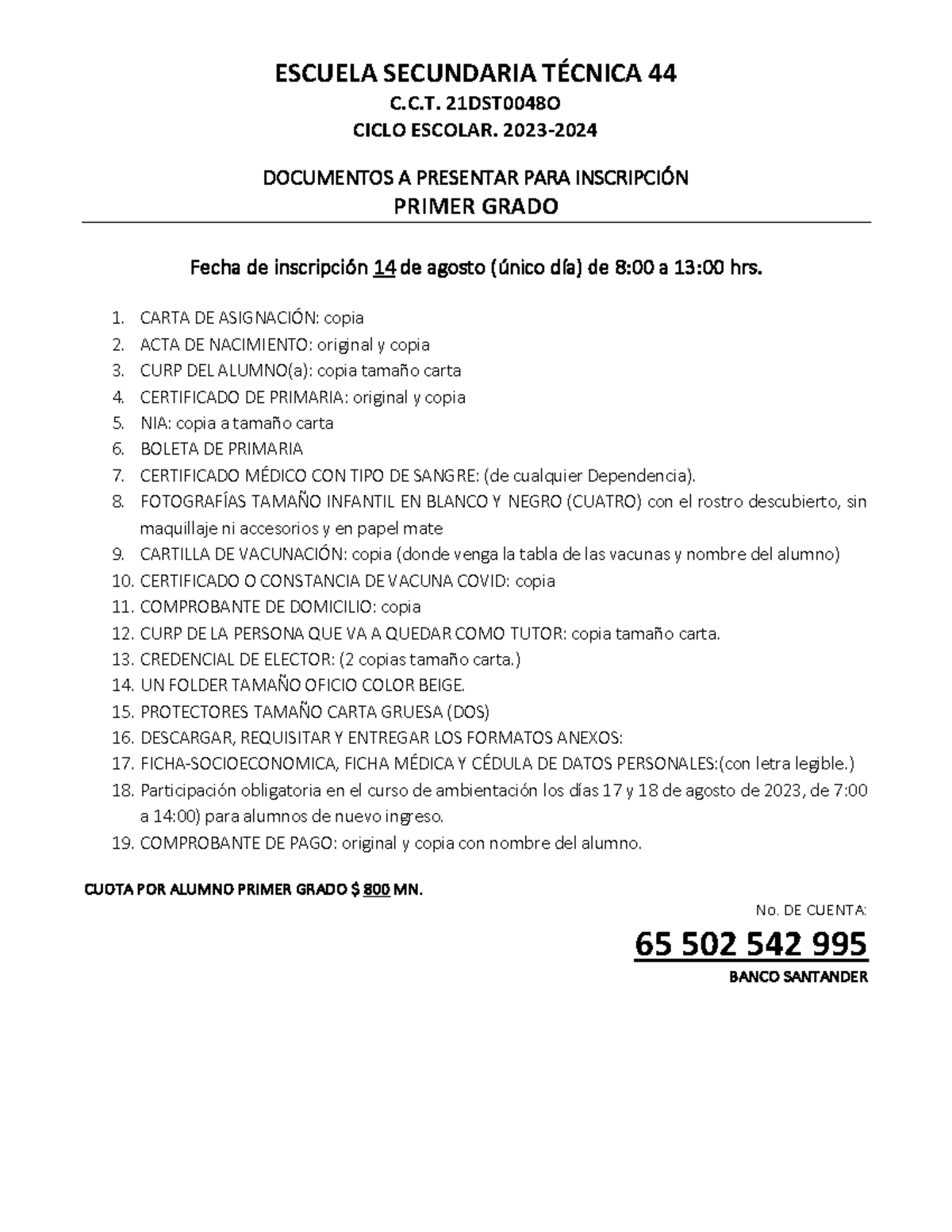 Documentos para Inscripción 1º Grado - ESC. TÉCN. 44 2023-2024 - Studocu