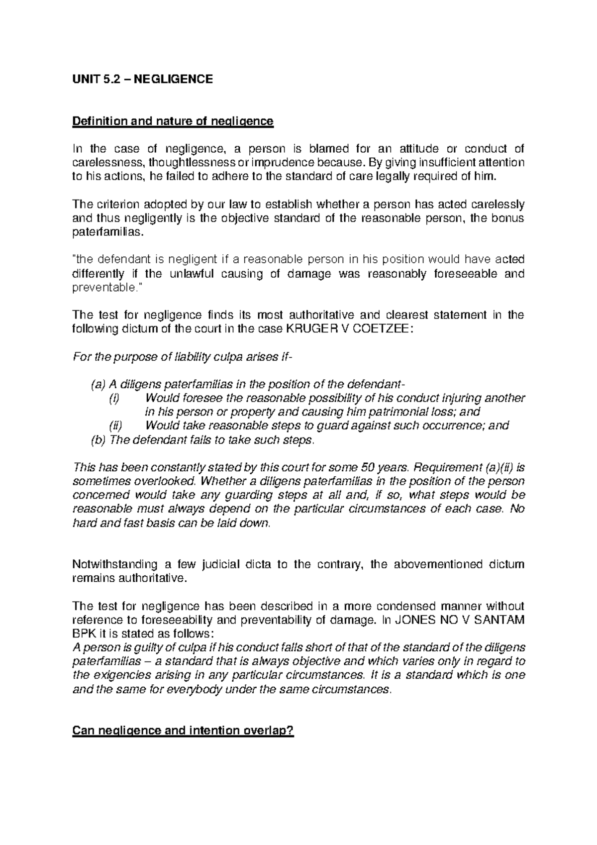 Law of Delict Test 2: Notes on Negligence and its Implications - Studocu