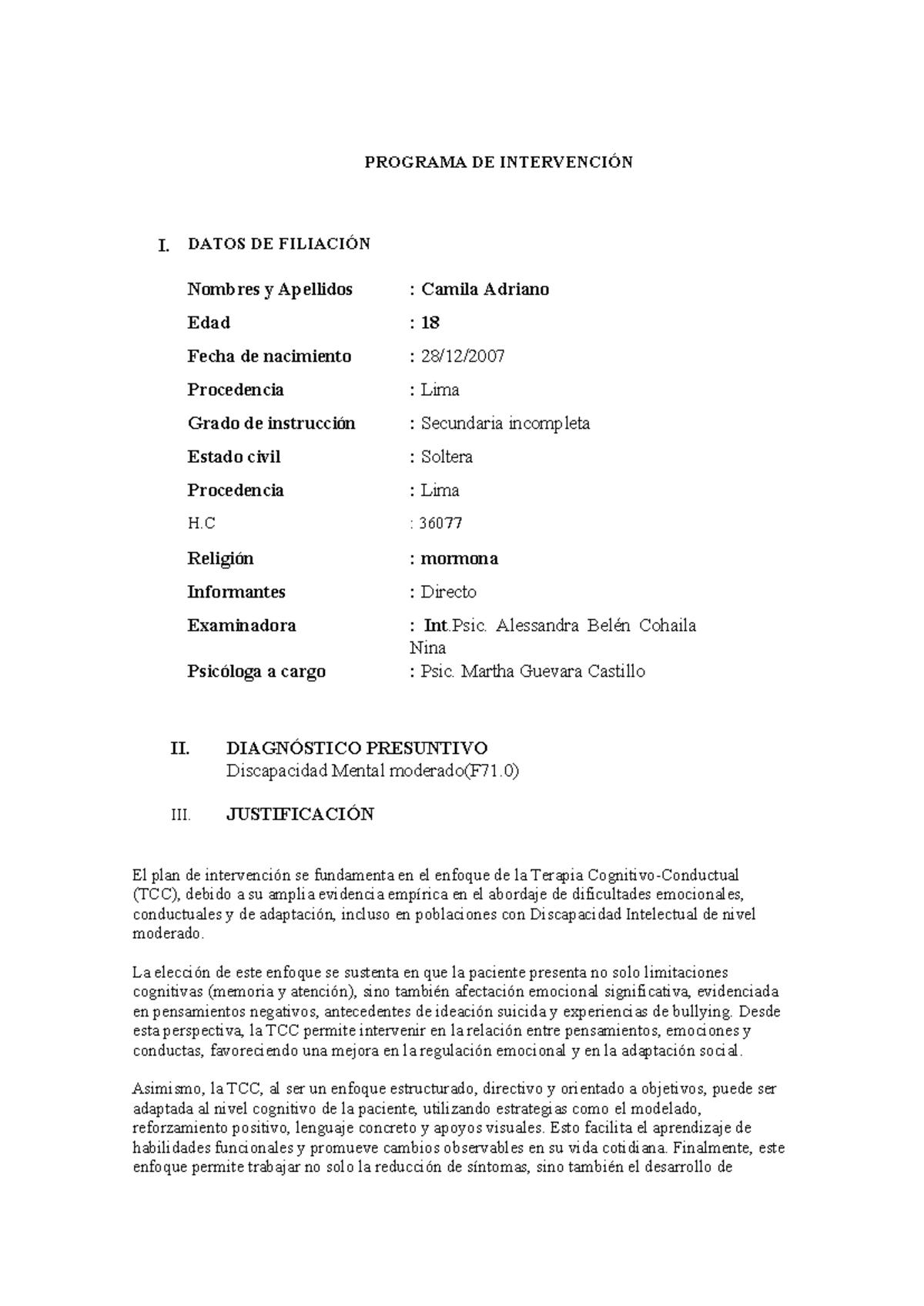 Programa de Intervención I: Plan de TCC para Camila (Discapacidad ...