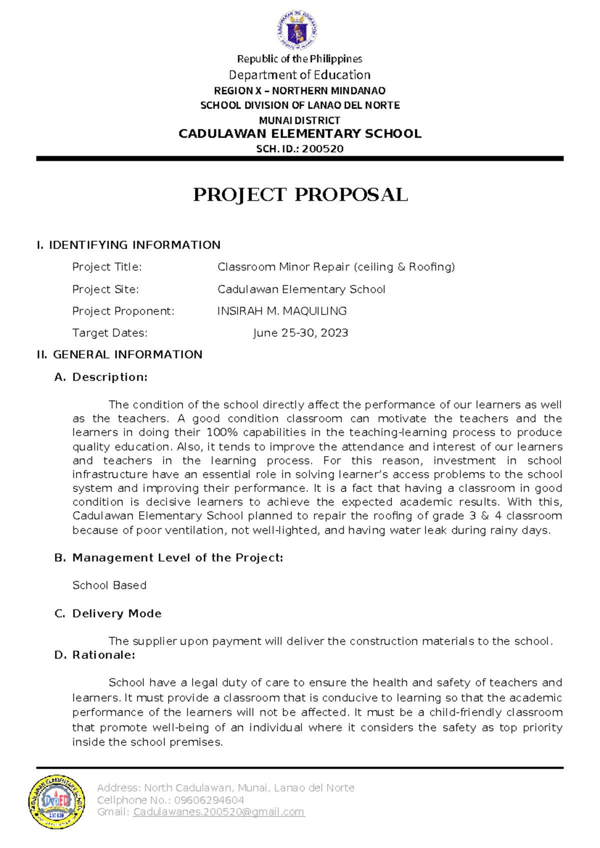 Classroom Minor Repair Proposal for Cadulawan Elementary School - Studocu