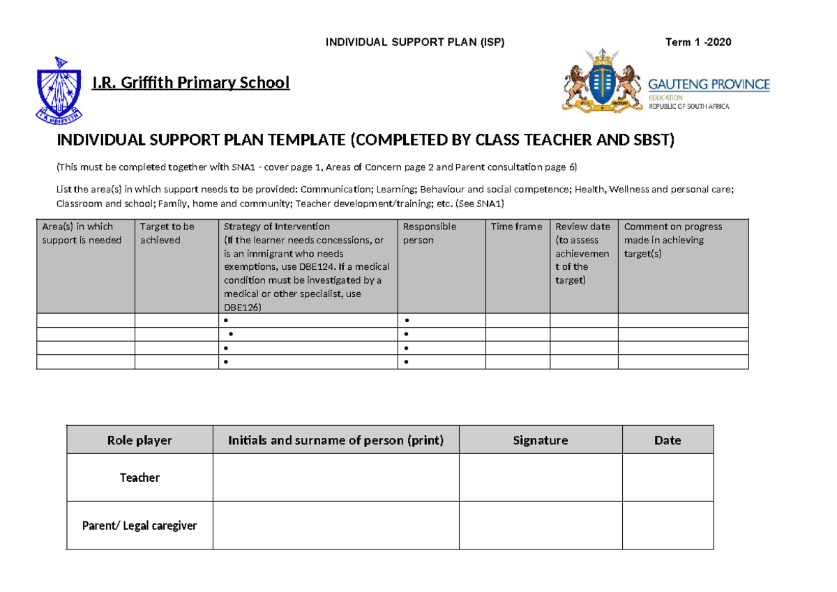 ISP Template for Individual Support Plan (Term 1) - Griffith Primary ...