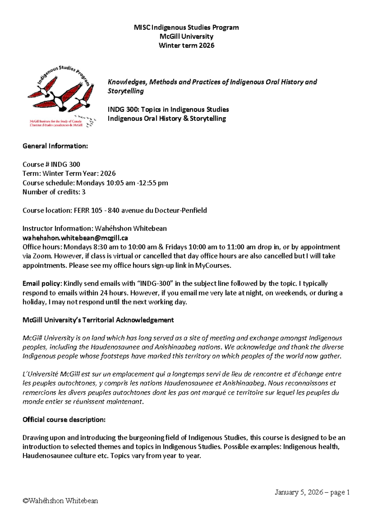 INDG 300: Indigenous Oral History & Storytelling Course Outline W2026 ...