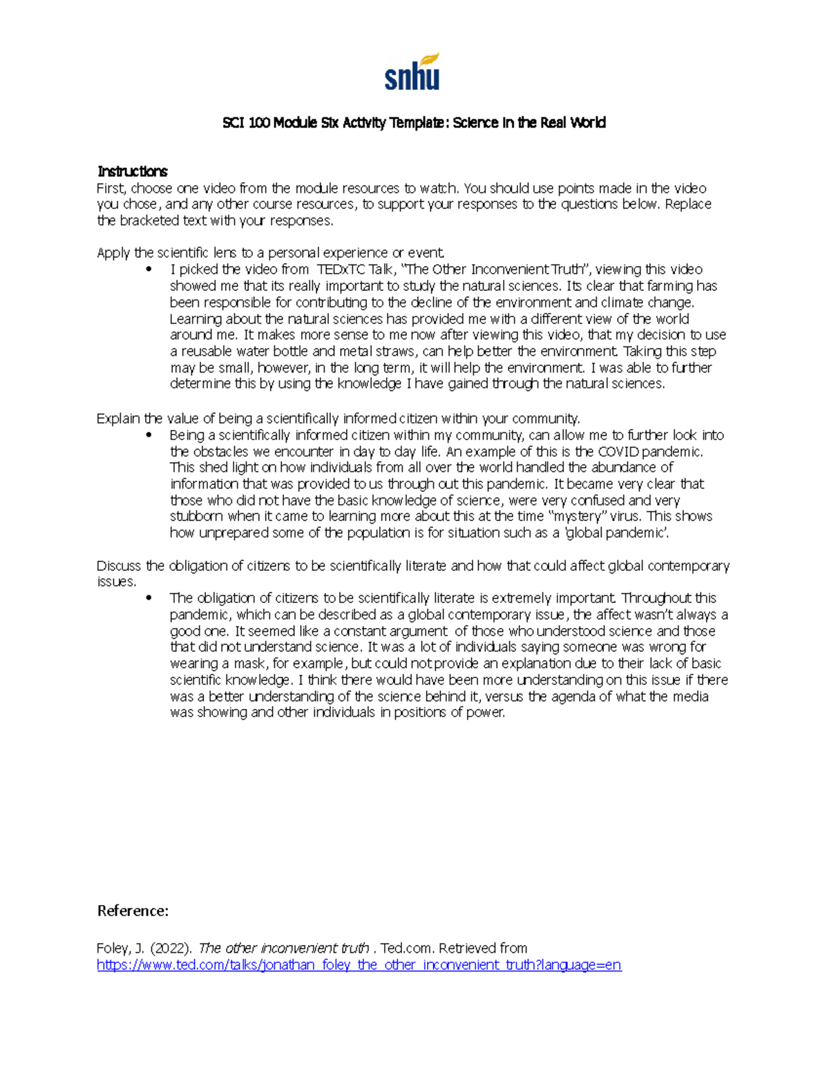 SCI 100 - 6-1 - Activity - Science in the Real World - SCI 100 Module ...