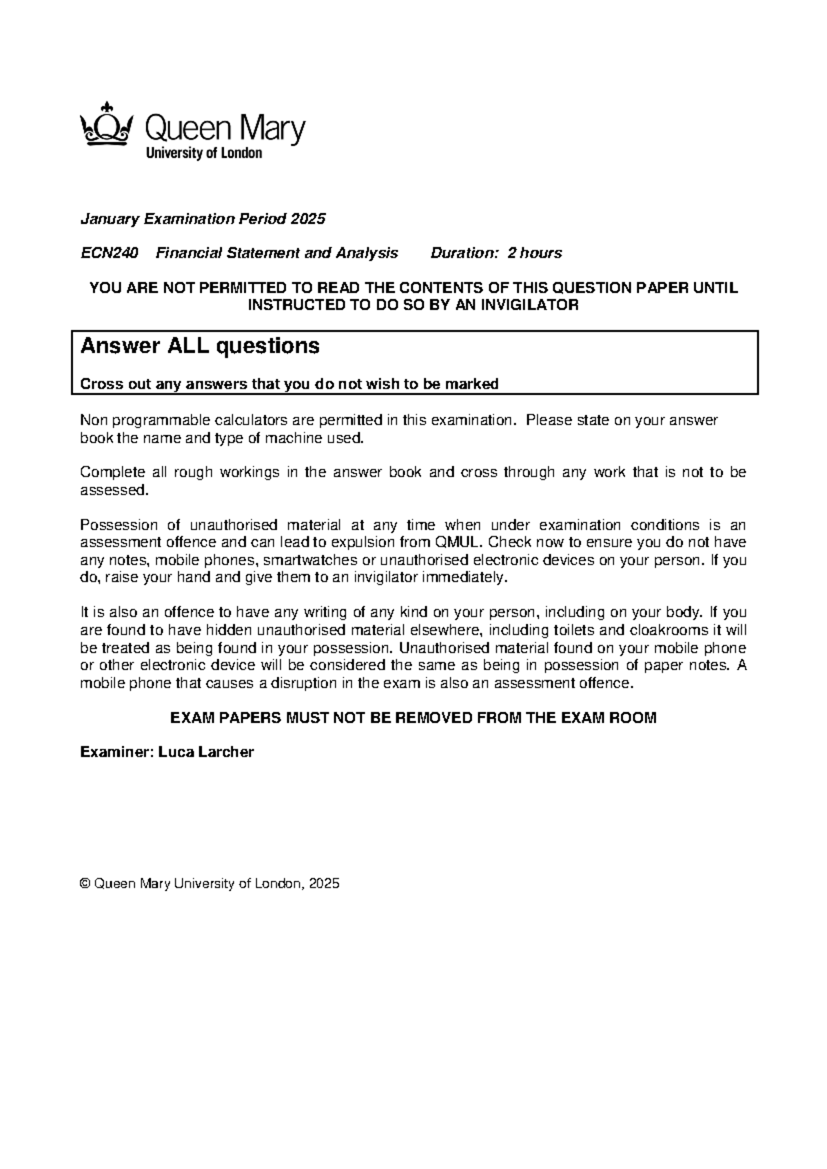 ECN240 Final Exam - Financial Statement Analysis - Jan 2025 - Studocu