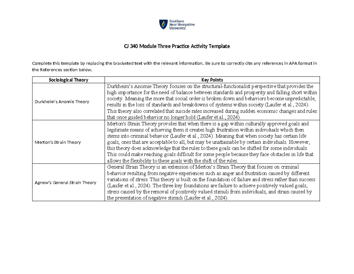 CJ 340 Module Three Anomie and Strain Theories Practice Activity - Studocu